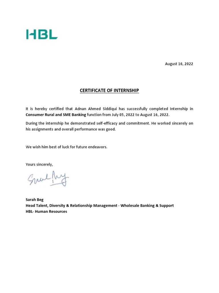 HBL of The Intern | PDF | Finance & Money Management