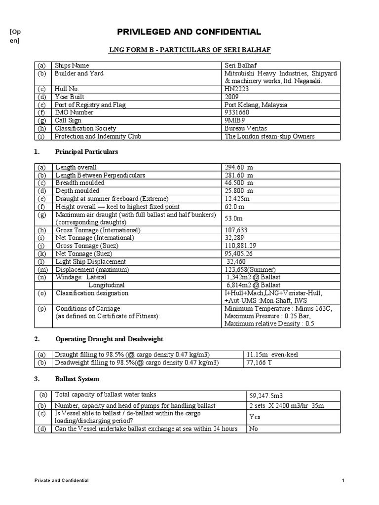 LNG Form B: Seri Balhaf Specifications | PDF | Fuel Oil | Tonnage