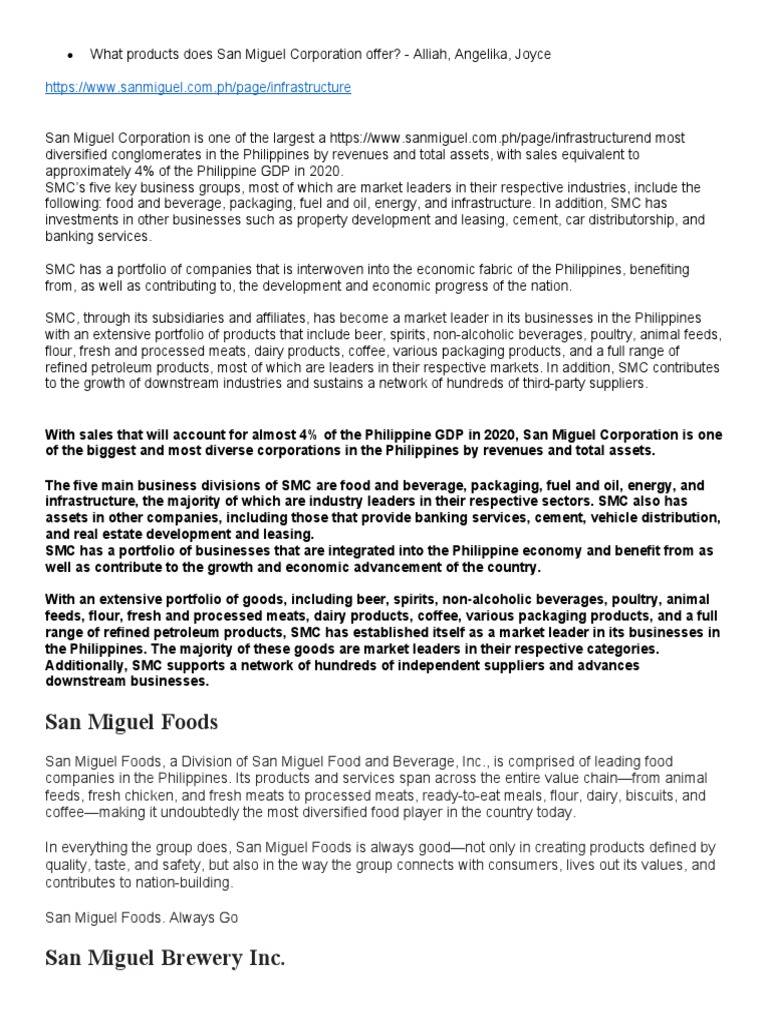 What Products Does San Miguel Corporation Offer | PDF | San Miguel ...