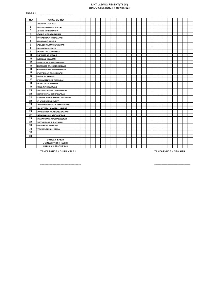 Buku Kehadiran Murid SJKT LDG Regent 2022 | PDF
