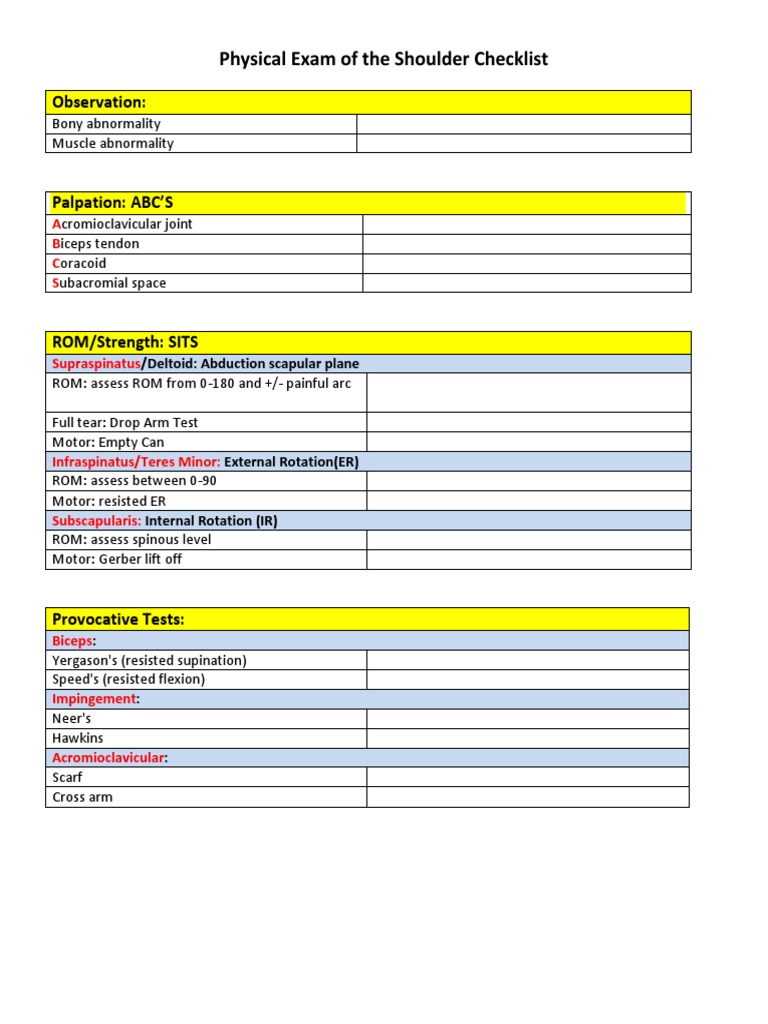 Shoulder Exam Checklist | PDF | Anatomical Terms Of Motion | Elbow