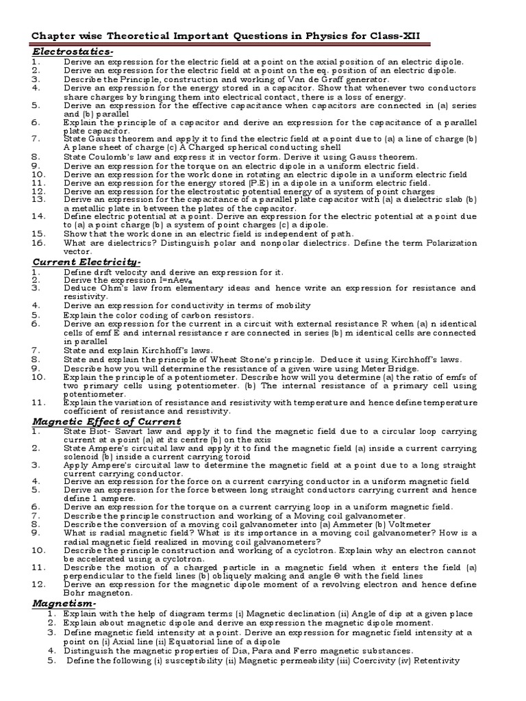 Chapter Wise Important Questions | PDF | Inductance | Magnetic Field
