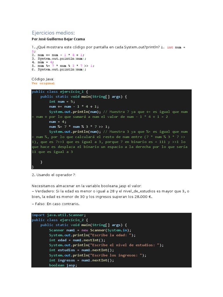 Ejercicios Medios:: Por José Guillermo Bejar Ccama | PDF | Java ...