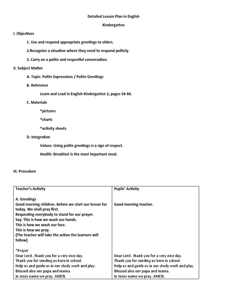 Kindergarten Greetings Lesson Plan | PDF | Prayer | Lesson Plan