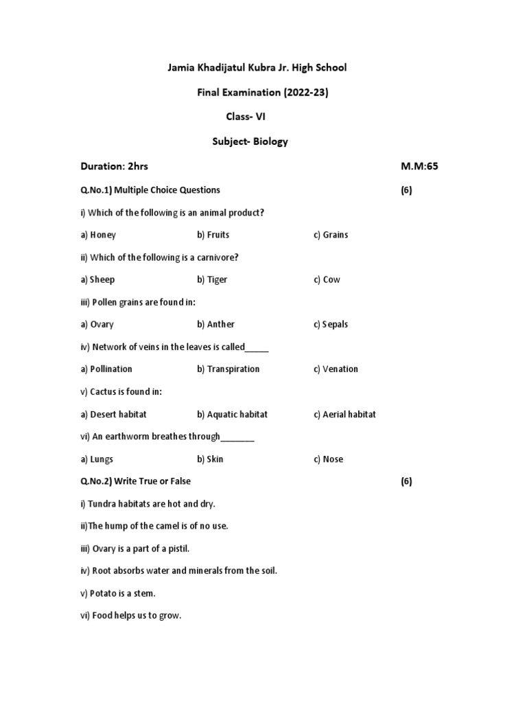 Class VI Biology Final Exam 2022-23 | PDF | Leaf | Habitat