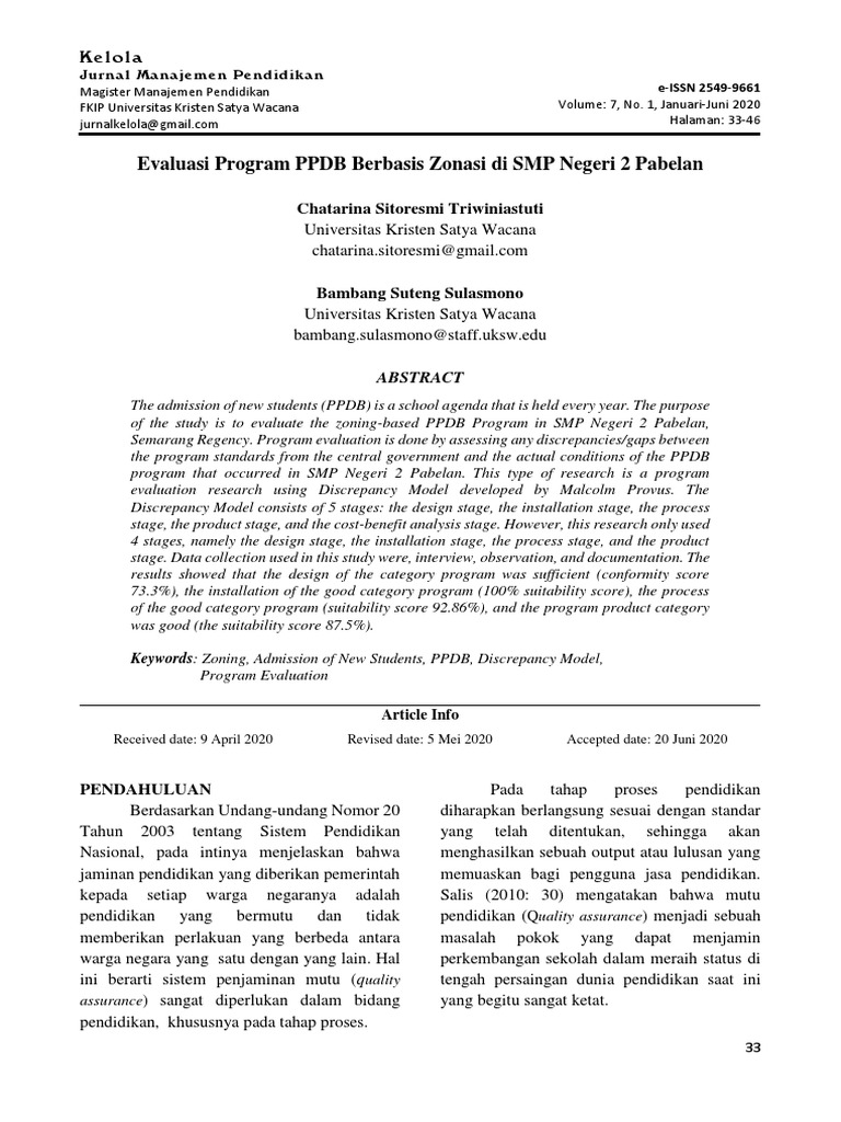 Triwiniastuti - 2020 - Evaluasi Program PPDB Berbasis Zonasi Di SMP Negeri Pabelan | PDF
