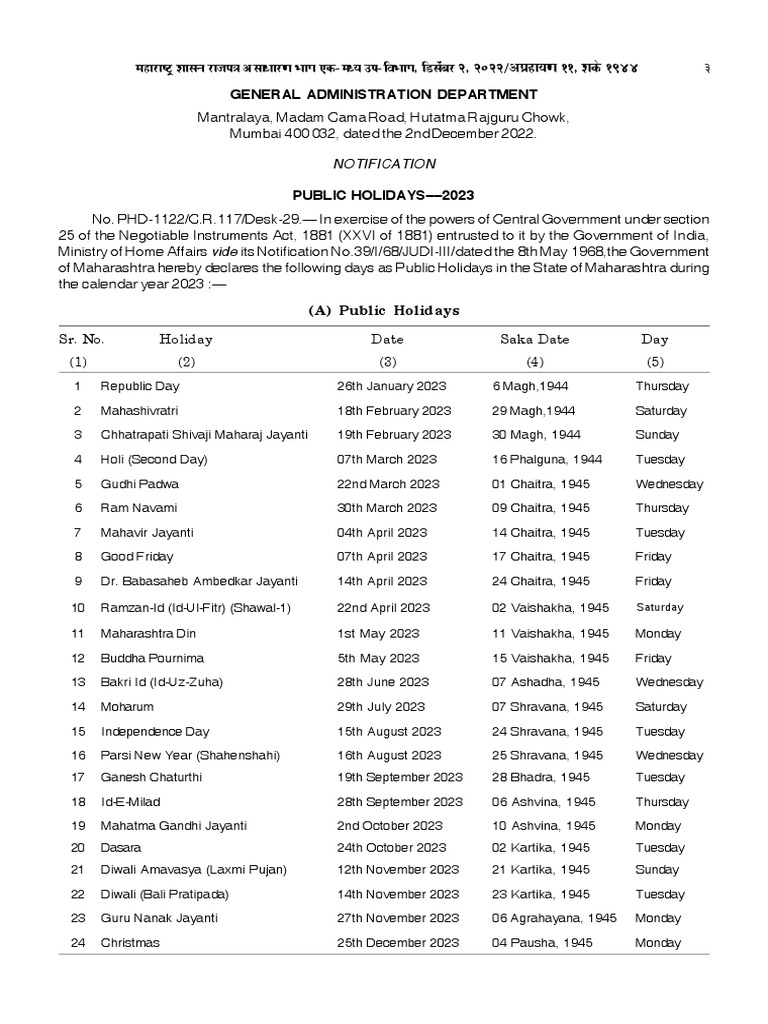 Holiday List MH | PDF | Observances | Festival