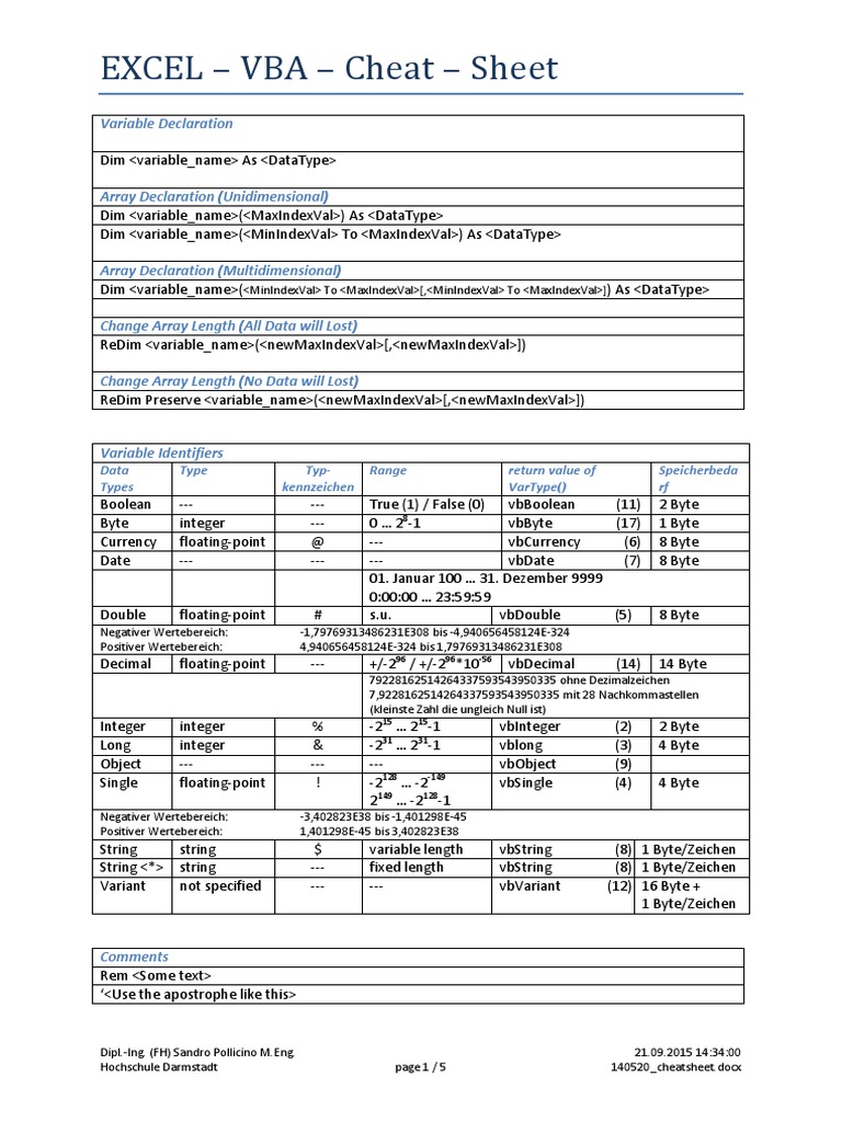Excel Vba Cheat Sheet | PDF
