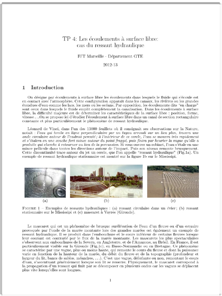 TP 4 Ecoulements A Surface Libre - Cas Du Ressaut Hydraulique - PDF | PDF