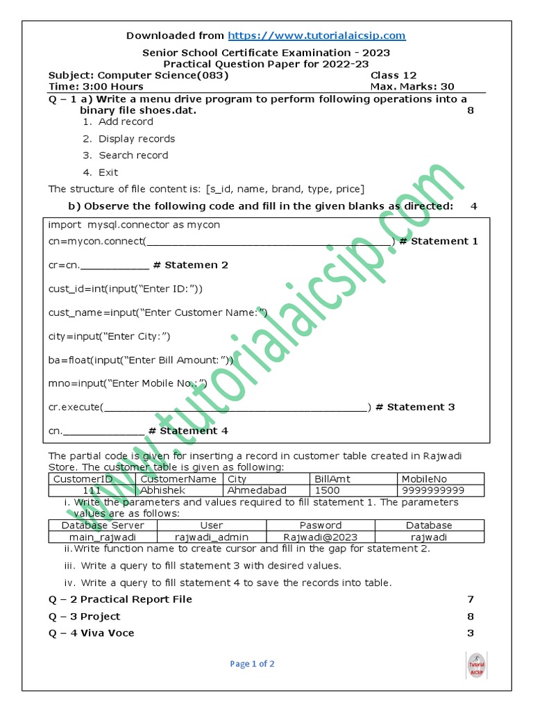 Practical Paper CS Class 12 Set I | PDF