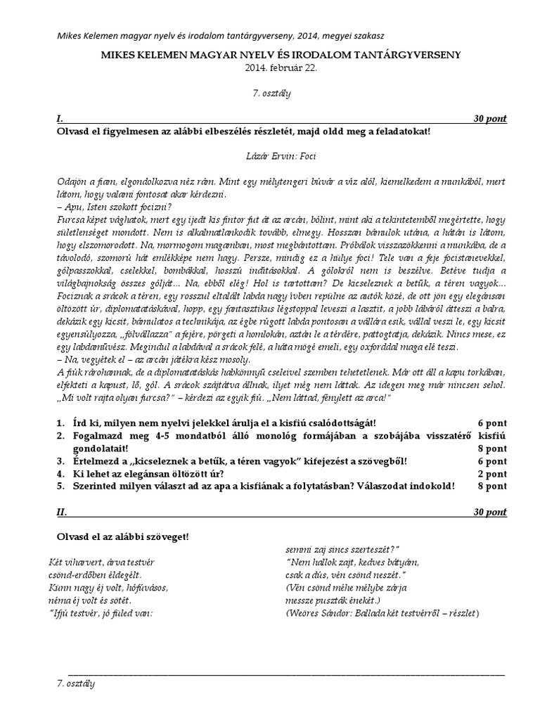 Mikes 7.osztaly Tetel Megyei 2014 | PDF