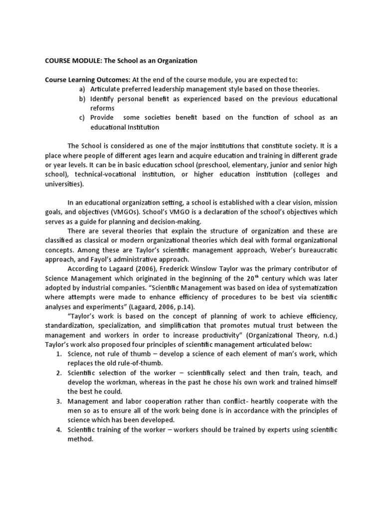 COURSE MODULE: The School As An Organization Course Learning Outcomes ...