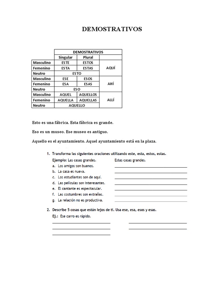 Demostrativos Usos y Ejercicios | PDF