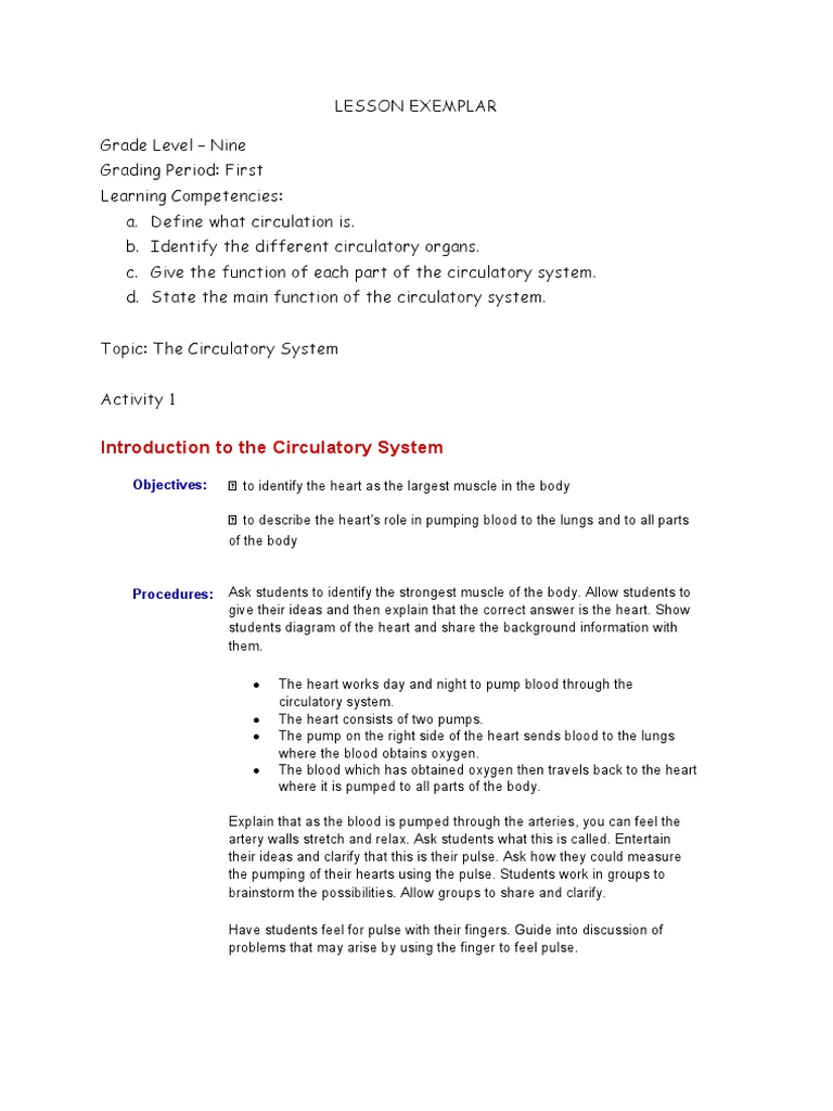 Lesson Exemplar-Circulatory System | PDF | Blood | Heart
