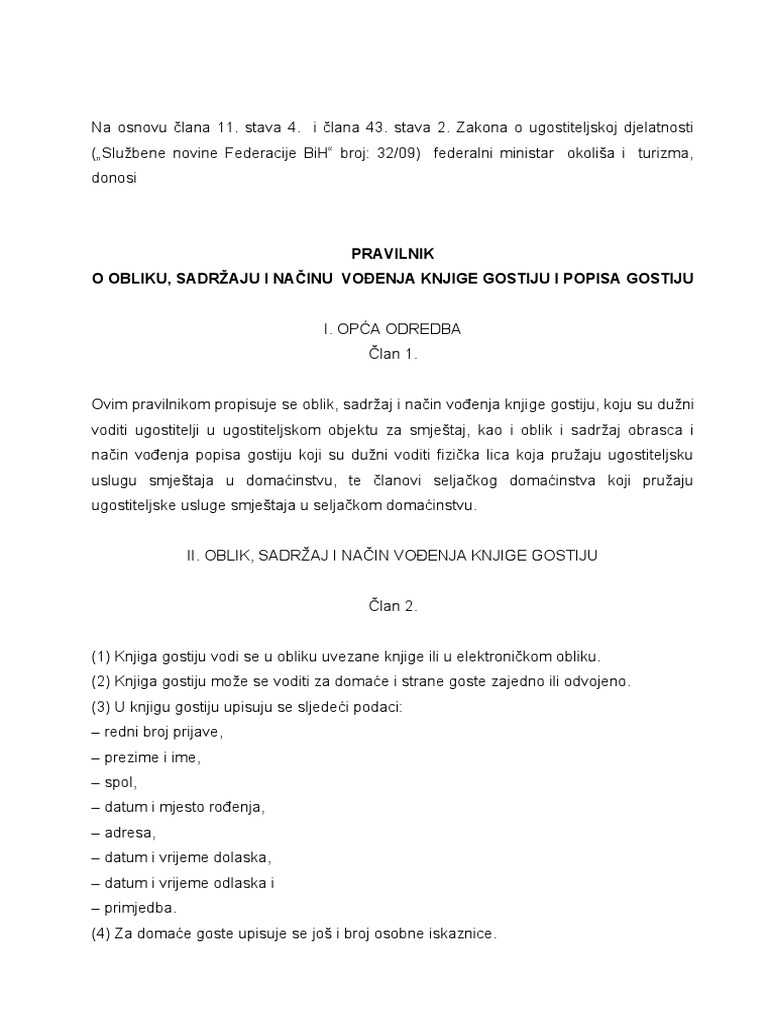 Pravilnik o Obliku, Sadrzaju I Nacinu Vodenja Knjige Gostiju I Popisa Gostiju - Bos - Jezik (SL ...