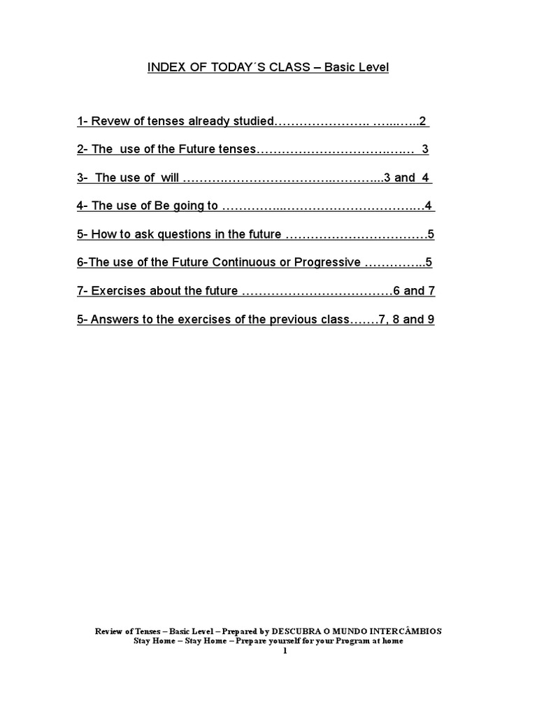 Basic 1 Class 5 Review Of Tenses And Future Pdf Verb Linguistics