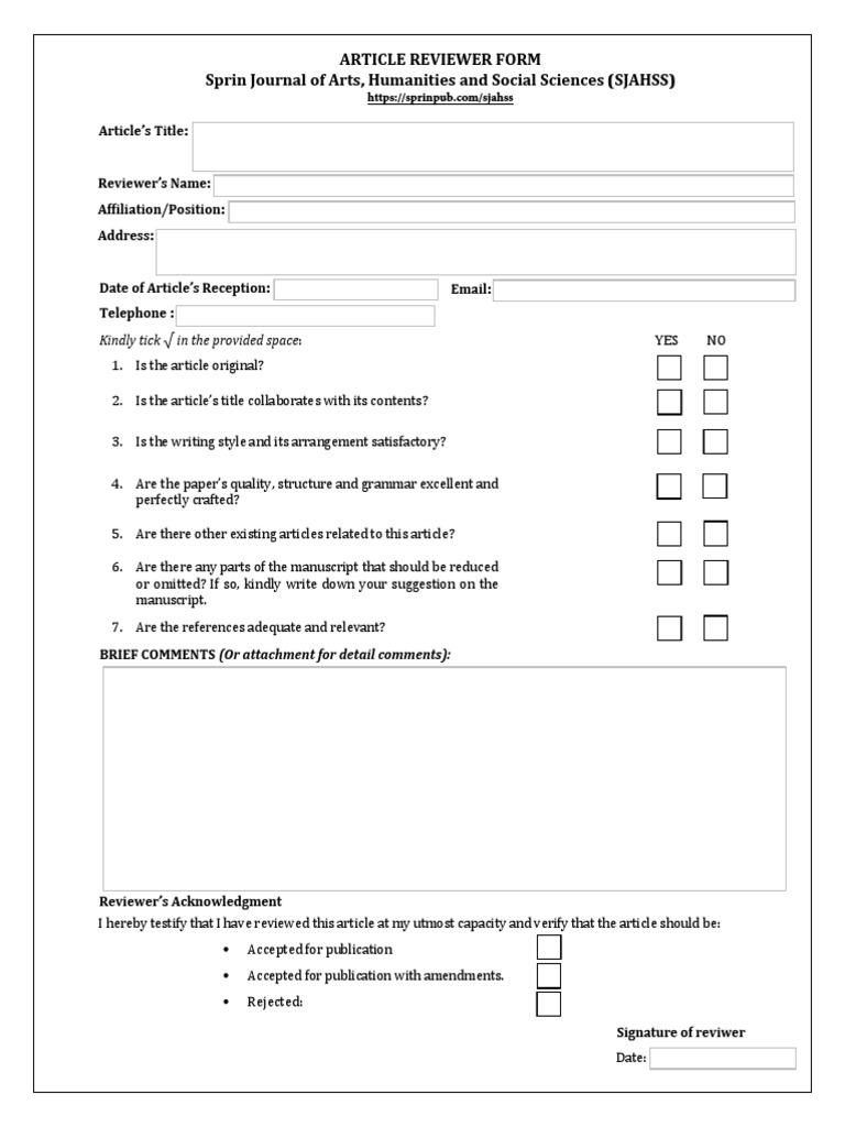 Article Reviewer Form SJAHSS Fillable | PDF