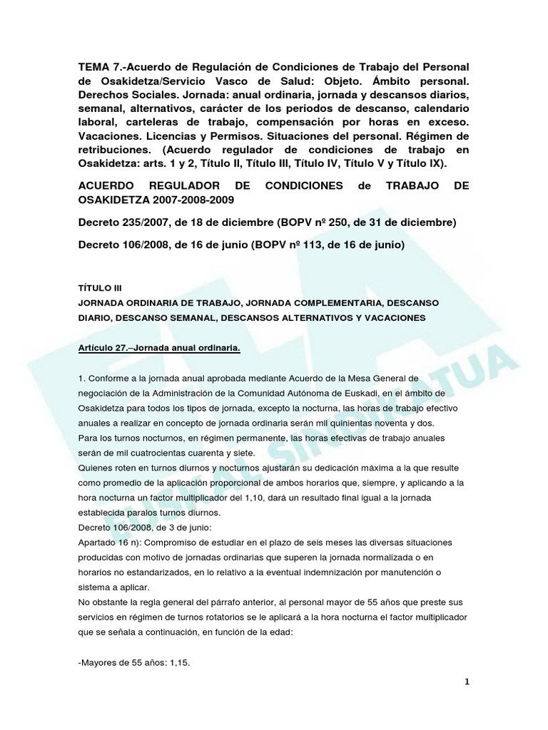 TEMA 07 Acuerdo Regulador Osakidetza | PDF | Adopción | Tiempo de trabajo
