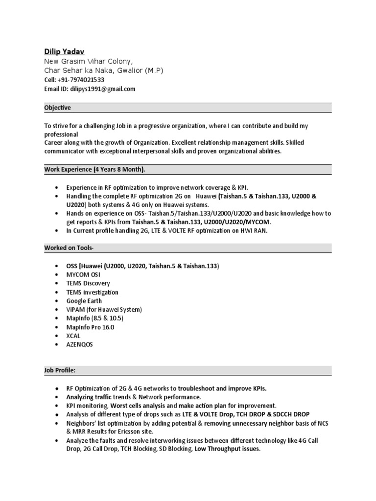 Dilip CV - RF Optimization | PDF | Mobile Telecommunications | Information And Communications ...