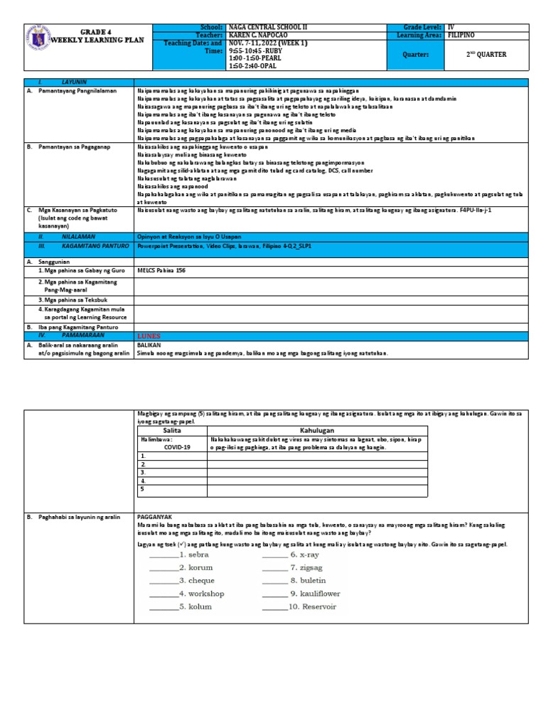 WLP FILIPINO Q2, W1 | PDF