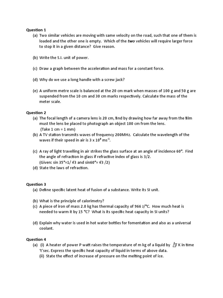 10 Icse Physics Practice Questions | PDF | Refraction | Mass
