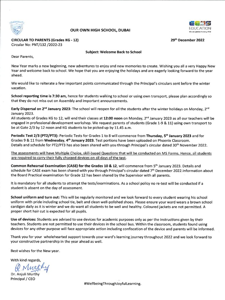 Circular - Welcome Back To School | PDF