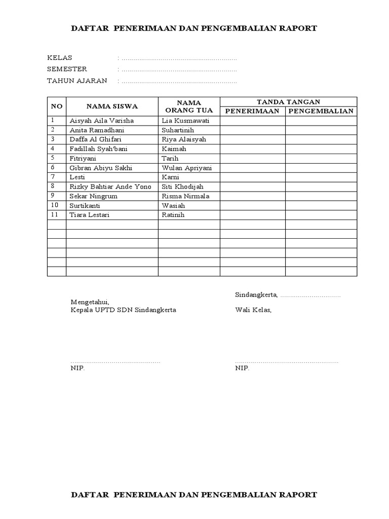 Daftar Penerimaan Raport | PDF