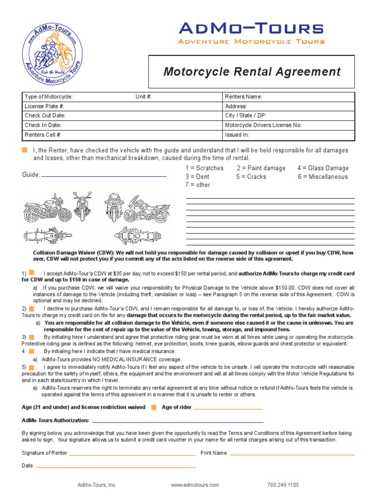 Motorcycle Rental Agreement - AdMo Tours | PDF | Vehicle Insurance ...