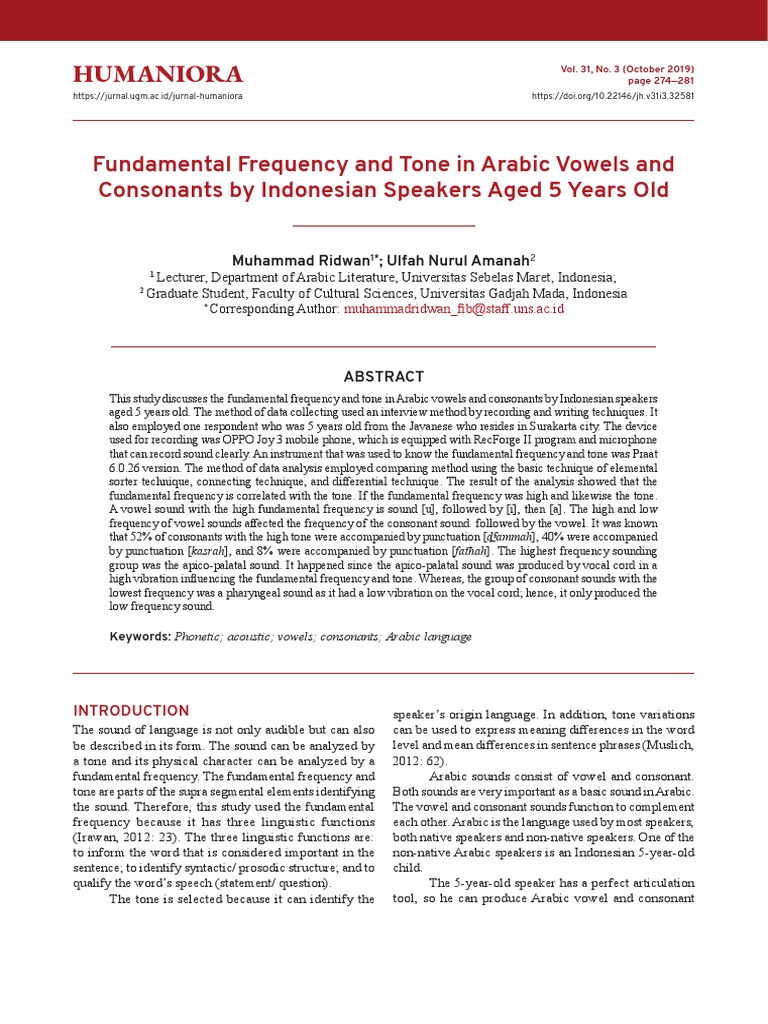 Arabic Letters Sound Frequencies | PDF | Phonetics | Vowel