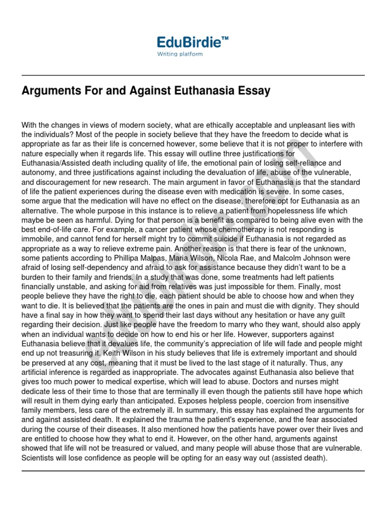 Arguments For and Against Euthanasia Essay | PDF | Terminal Illness ...