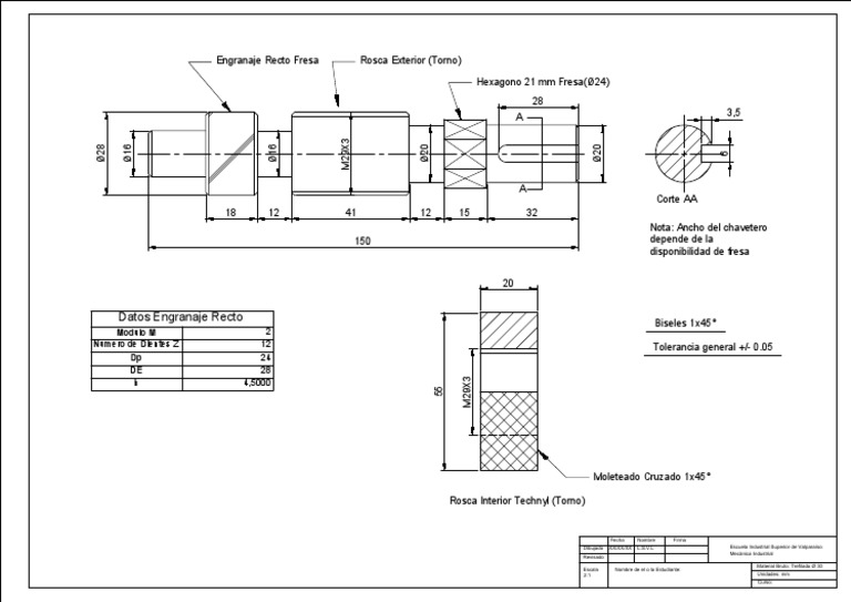 Plano Pieza Autocad Torno-Presentación1 | PDF | Engranaje | Metalurgia