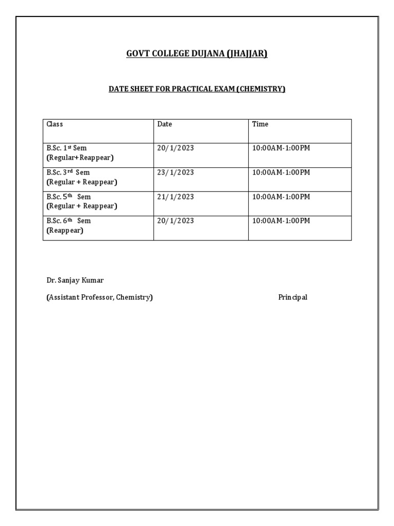 Chemistry Practical Exam Schedule | PDF