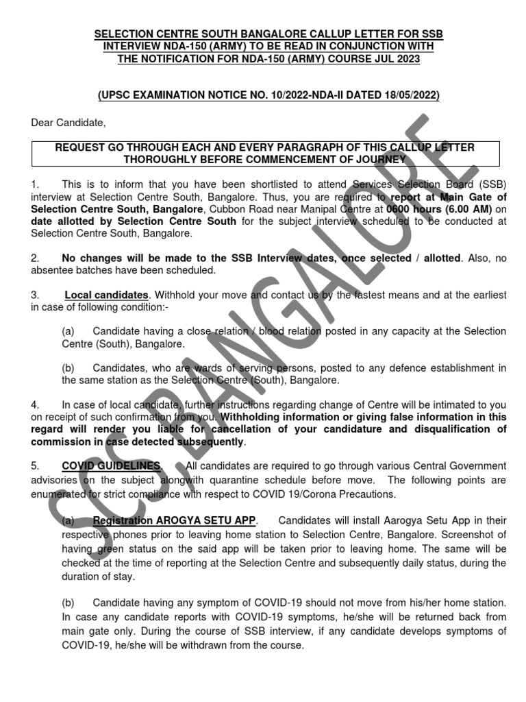 SSB Interview Call Letter NDA-150 | PDF | Identity Document | Tattoo
