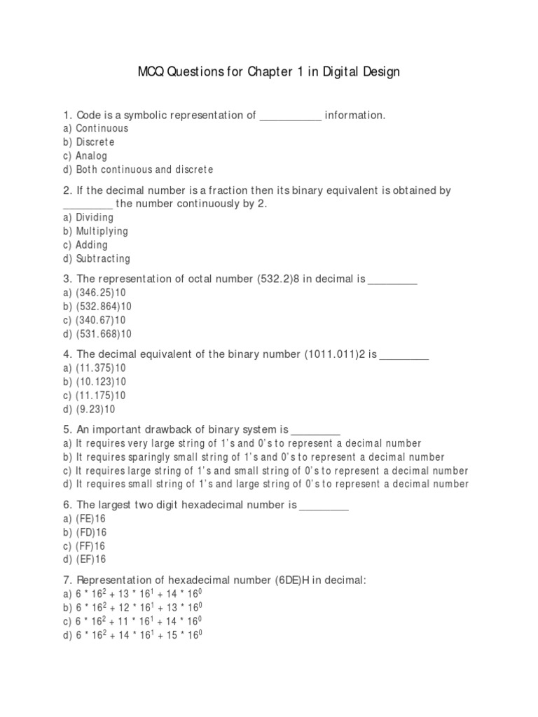 MCQ Questions For Chapter 1 in Digital Design | PDF | Binary Coded ...