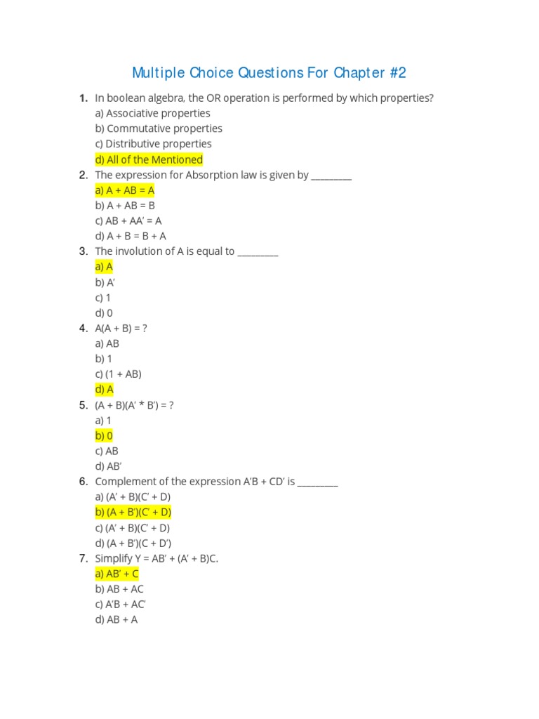 MCQs Chapter2 Solutions | PDF | Logic Gate | Algebra