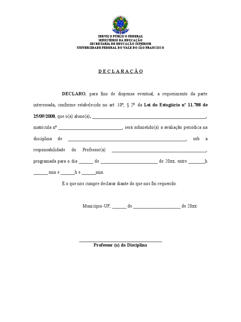 Modelo Declaraco de Dispensa de Estag em Razao de Prova | PDF