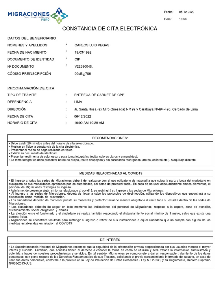 Constancia de cita electrónica para entrega de carnet de CPP el 06 de diciembre de 2022 a las 10 ...