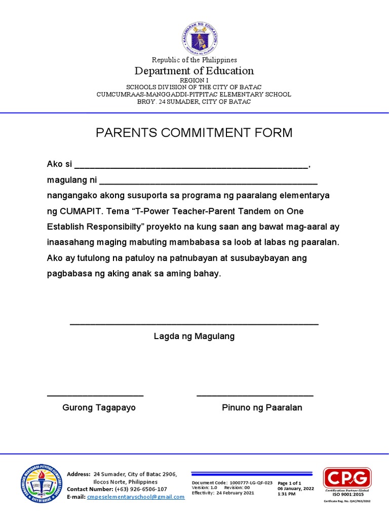 Parents Commitment Form Cumapit | PDF