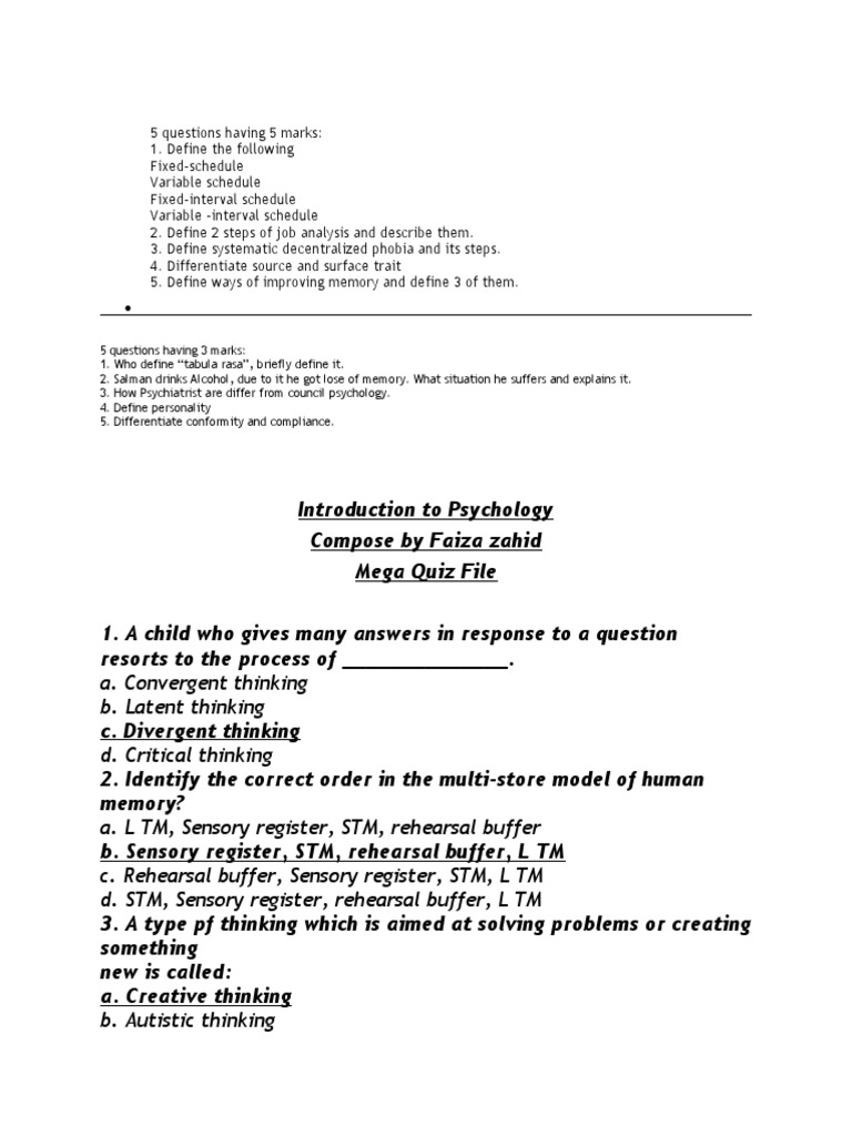 PSY101 Mega Quiz File | PDF | Psychology | Psychological Concepts