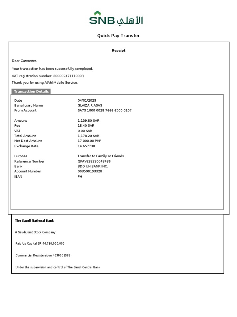 Transfer Receipt 6 | PDF