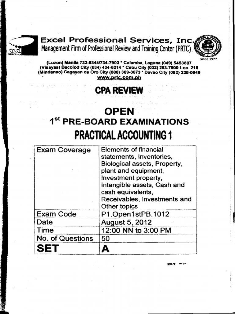 PRTC Oct 2012 Pract 1 First Preboard W Solutions PDF | PDF | Debits And ...