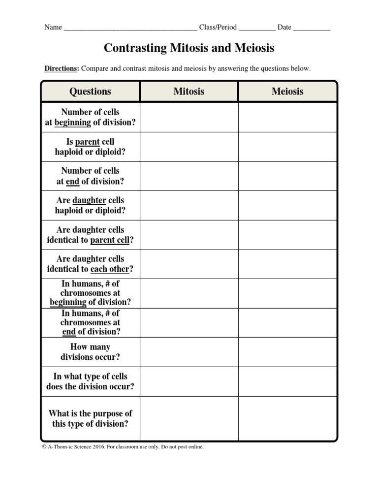 Comparing Mitosis And Meiosis Chart Answers