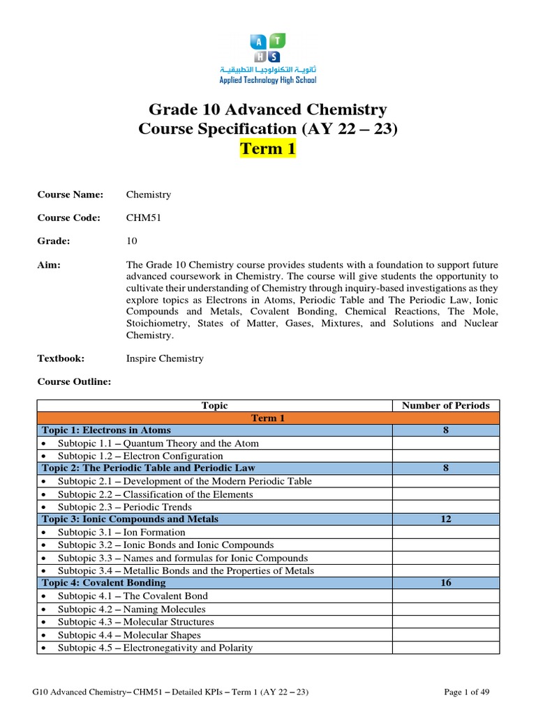 G10 Advanced Chemistry Course Overview | PDF | Ion | Electron Configuration