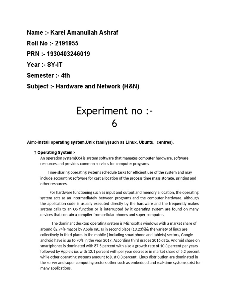 Experiment No - 6 (H&N) | PDF | Operating System | Installation (Computer Programs)