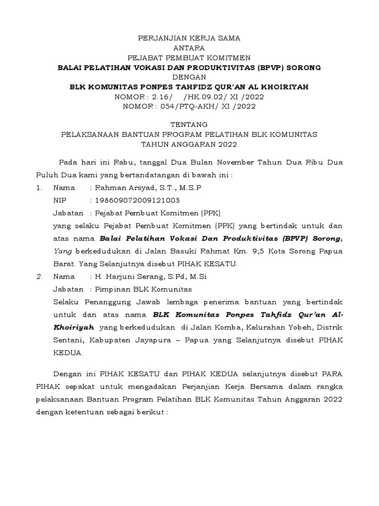 H. Surat Perjanjian Kerja Bersama Paket 2022 Materai BLK Komunitas | PDF