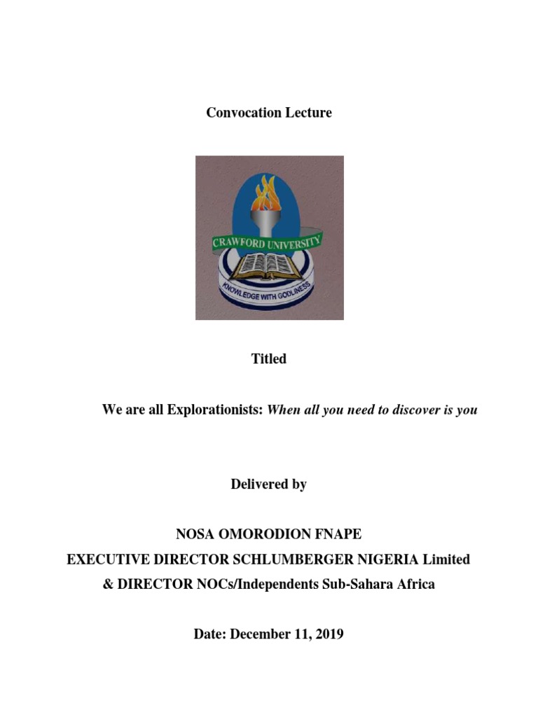 Nosa Omorodion Crawford University Convocation Lecture Final | PDF | Petroleum | Nigeria
