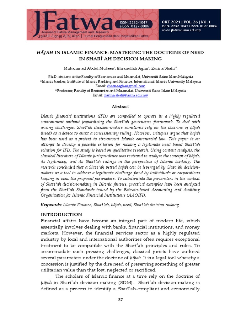 Hājah in Islamic Finance: A Framework | PDF | Sharia | International ...
