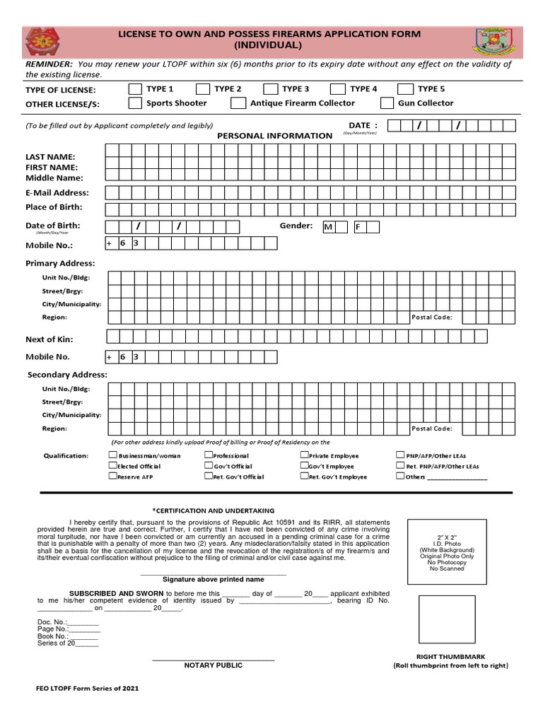 Individual Application License To Own and Possess Firearm | PDF ...