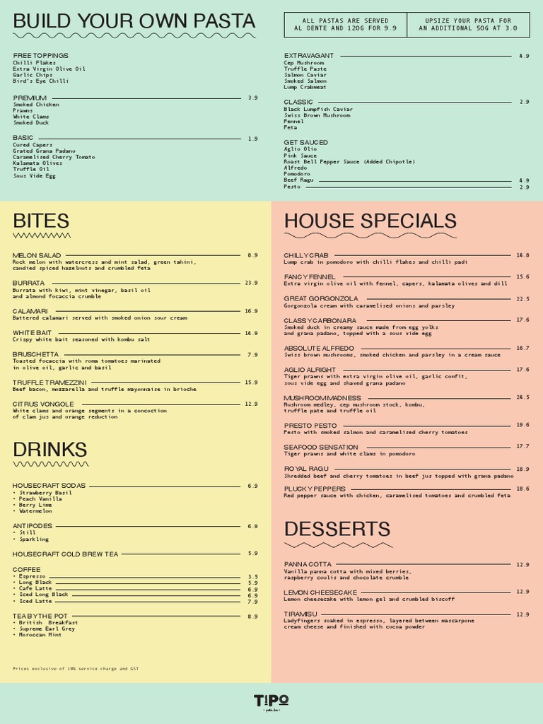 Tipo Pasta Bar Menu | PDF | Food And Drink | Foods