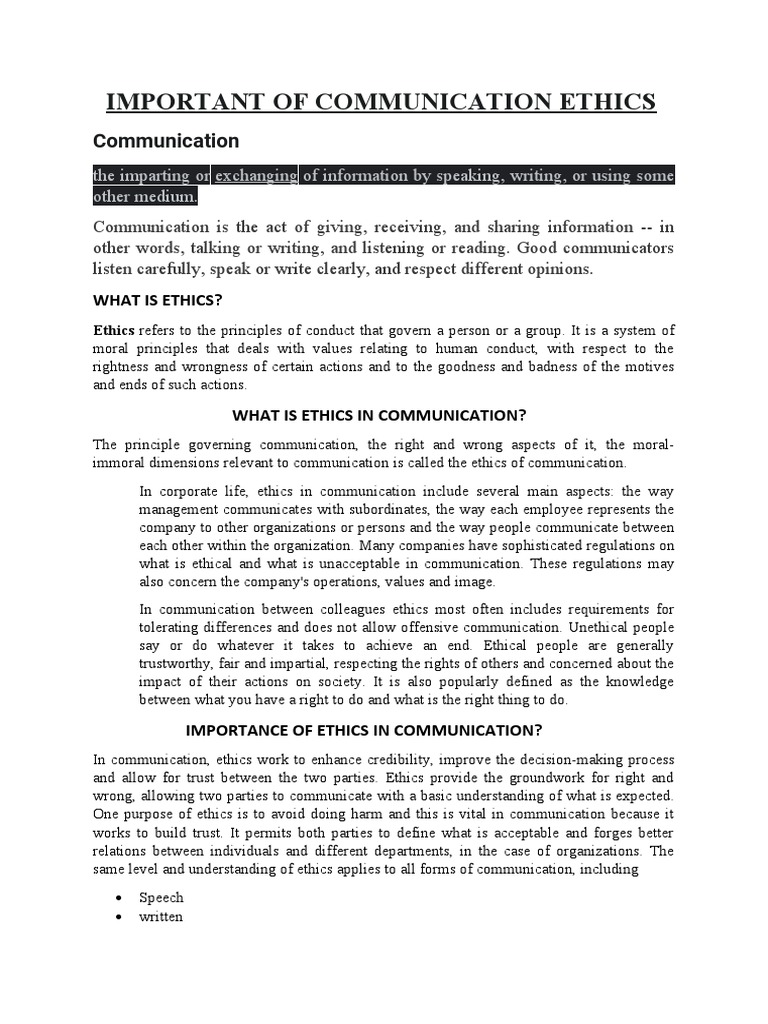 Important of Communication Ethics | PDF | Communication | Morality